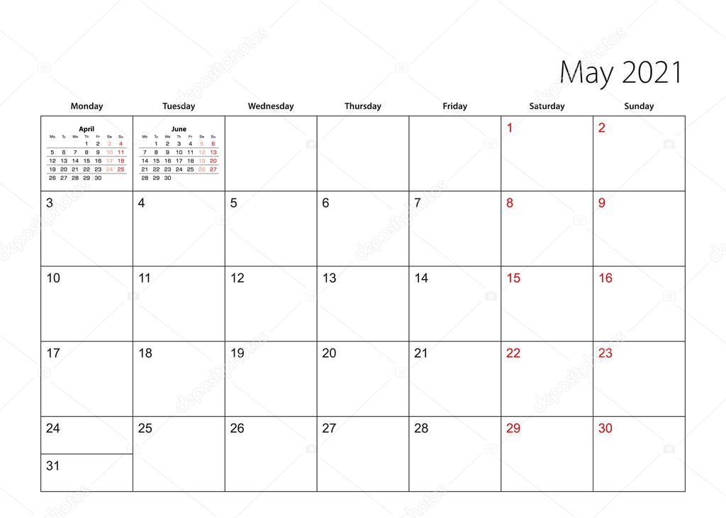 Mayo 2021 Planificador Calendario Simple Semana Comienza Partir Del ...