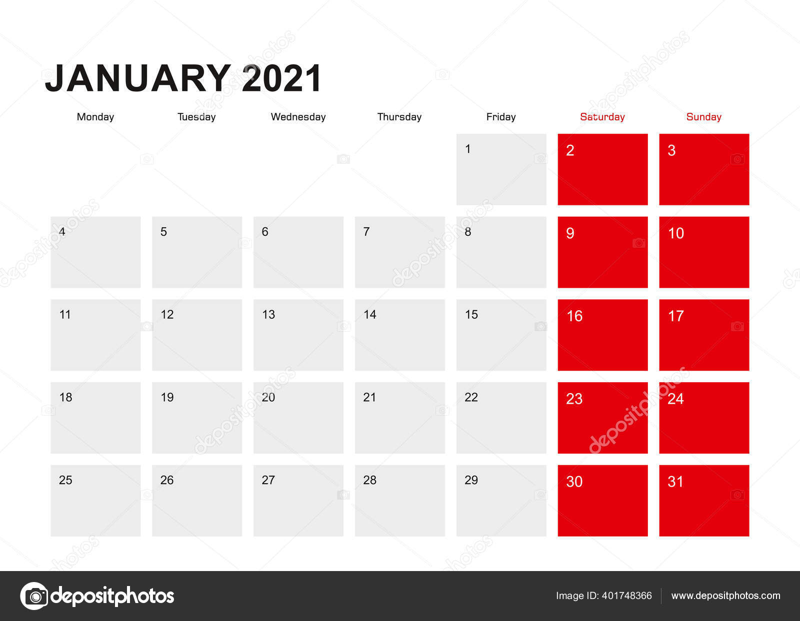 2021 Desain Kalender Perencana Januari Minggu Dimulai Dari Hari Senin ...