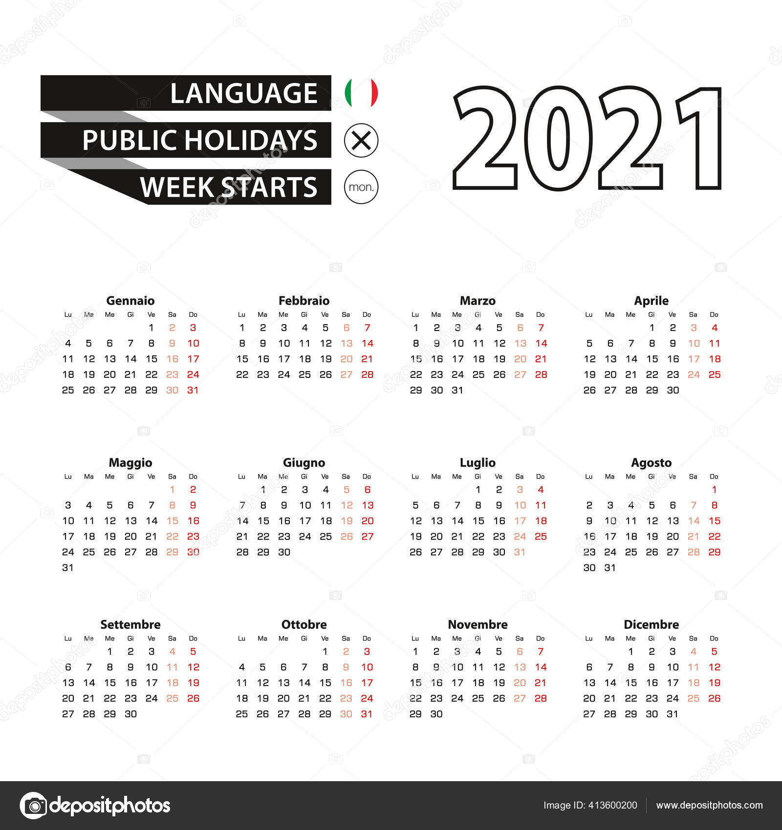 Calendario 2021 Lengua Italiana Semana Comienza Lunes Calendario ...