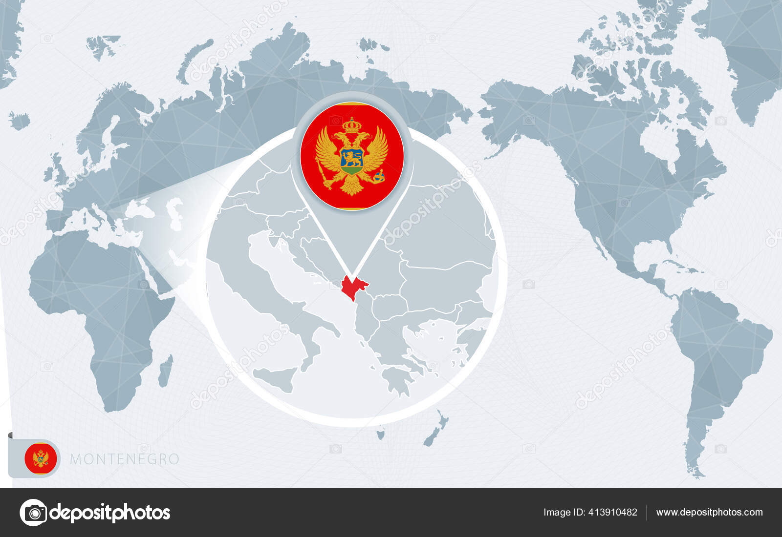 Mapa Del Mundo Centrado Pacífico Con Montenegro Magnificado Bandera Mapa Vector de stock por ...