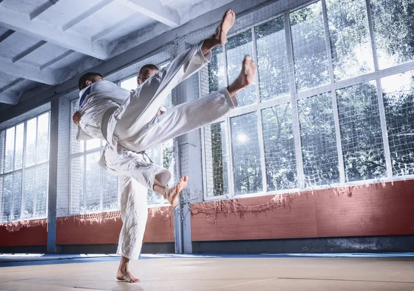 Two judo fighters showing technical skill while practicing martial arts ...