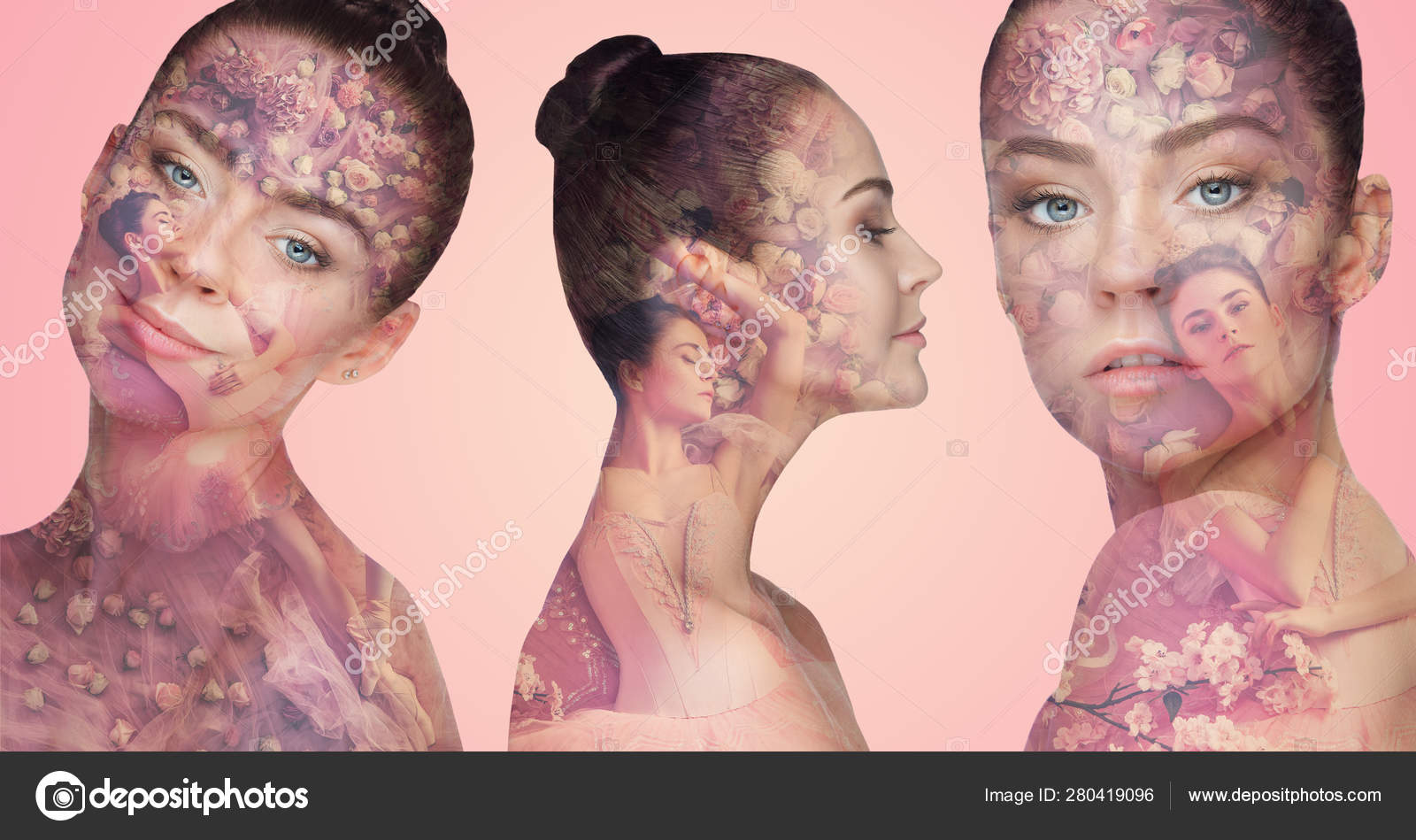 Beautiful female face with double exposure and flowers Stock Photo by ...