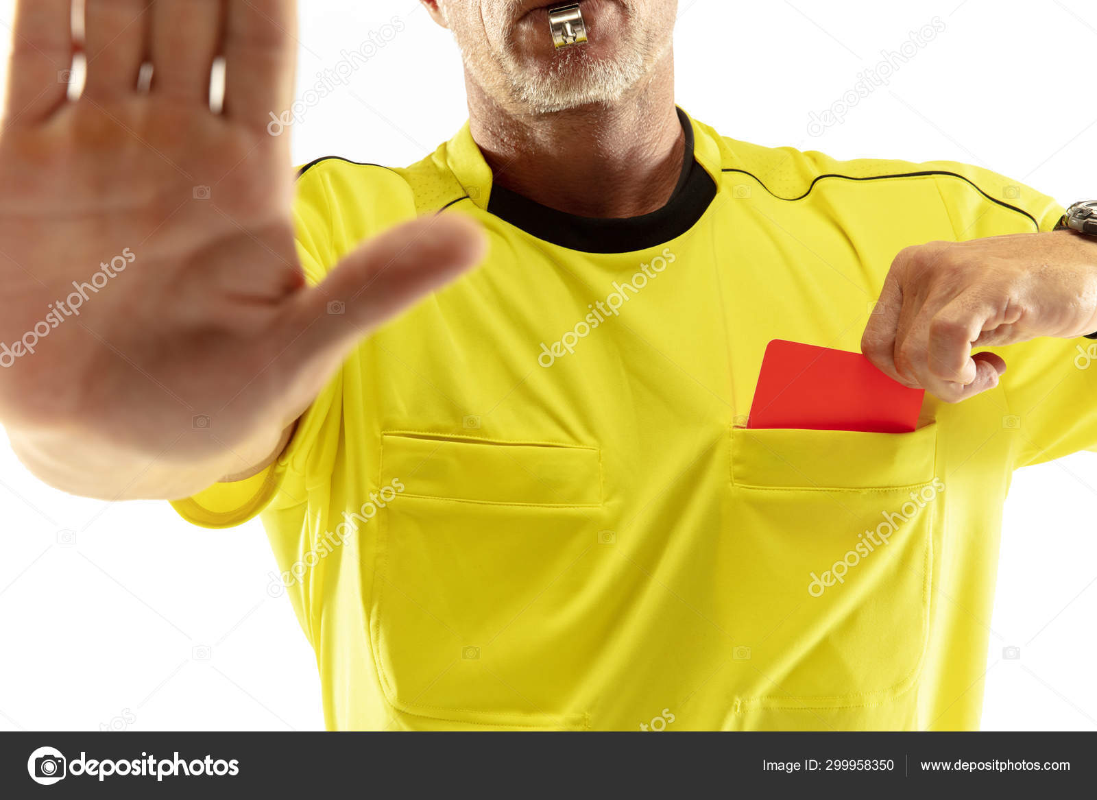 Football referee showing a red card to a displeased player isolated on ...