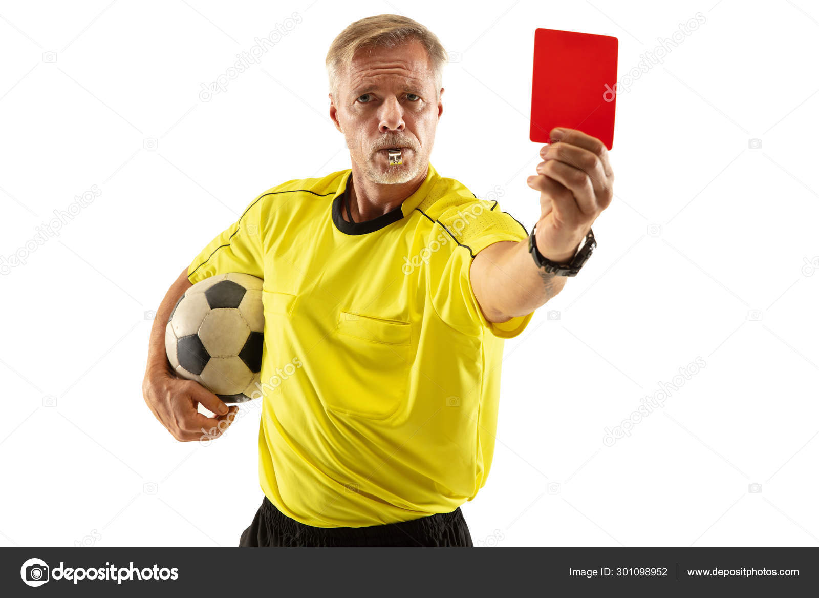 Football referee showing a red card to a displeased player isolated on ...