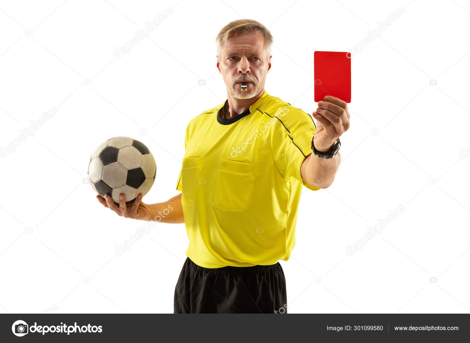 Football referee showing a red card to a displeased player isolated on ...