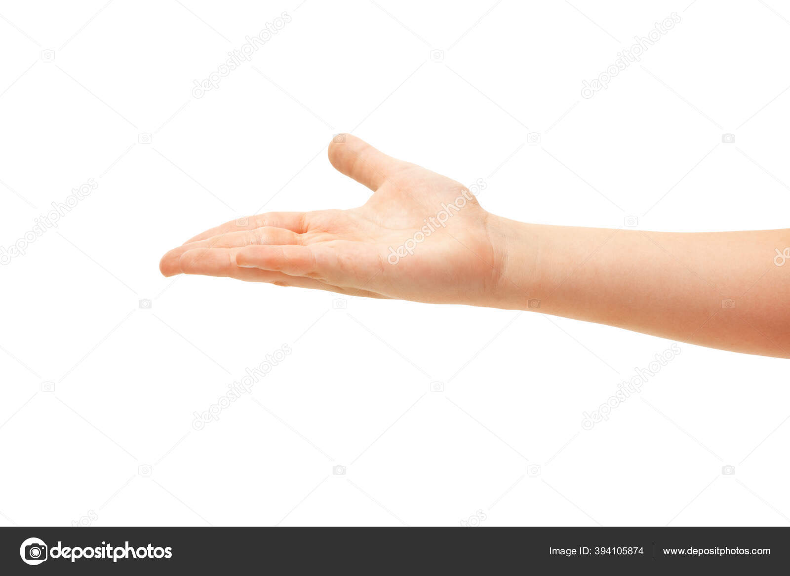 Childrens hand, palm gesturing isolated on white studio background ...