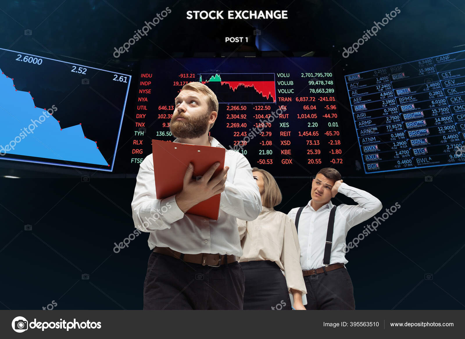 Nervous tensioned investors analyzing crisis stock market with charts ...