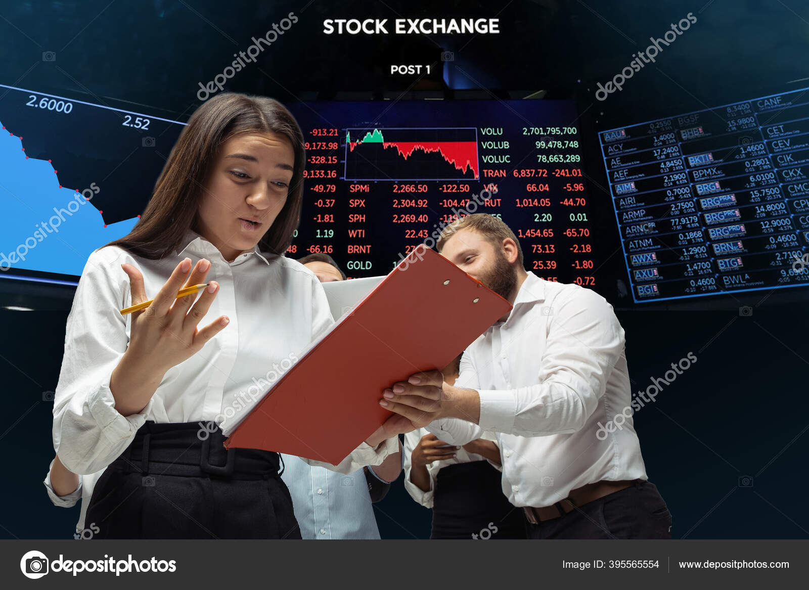 Nervous tensioned investors analyzing crisis stock market with charts ...