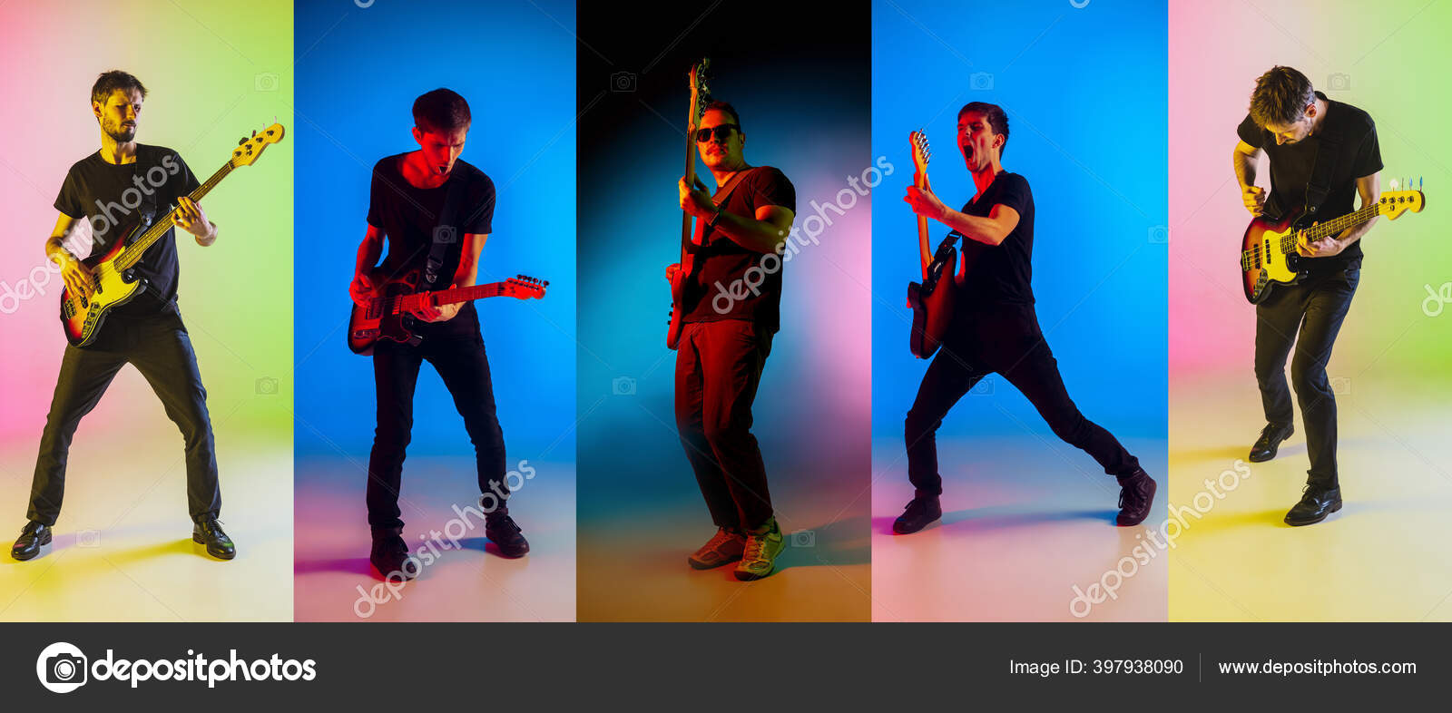 Collage of portraits of young musicians on multicolored background in ...