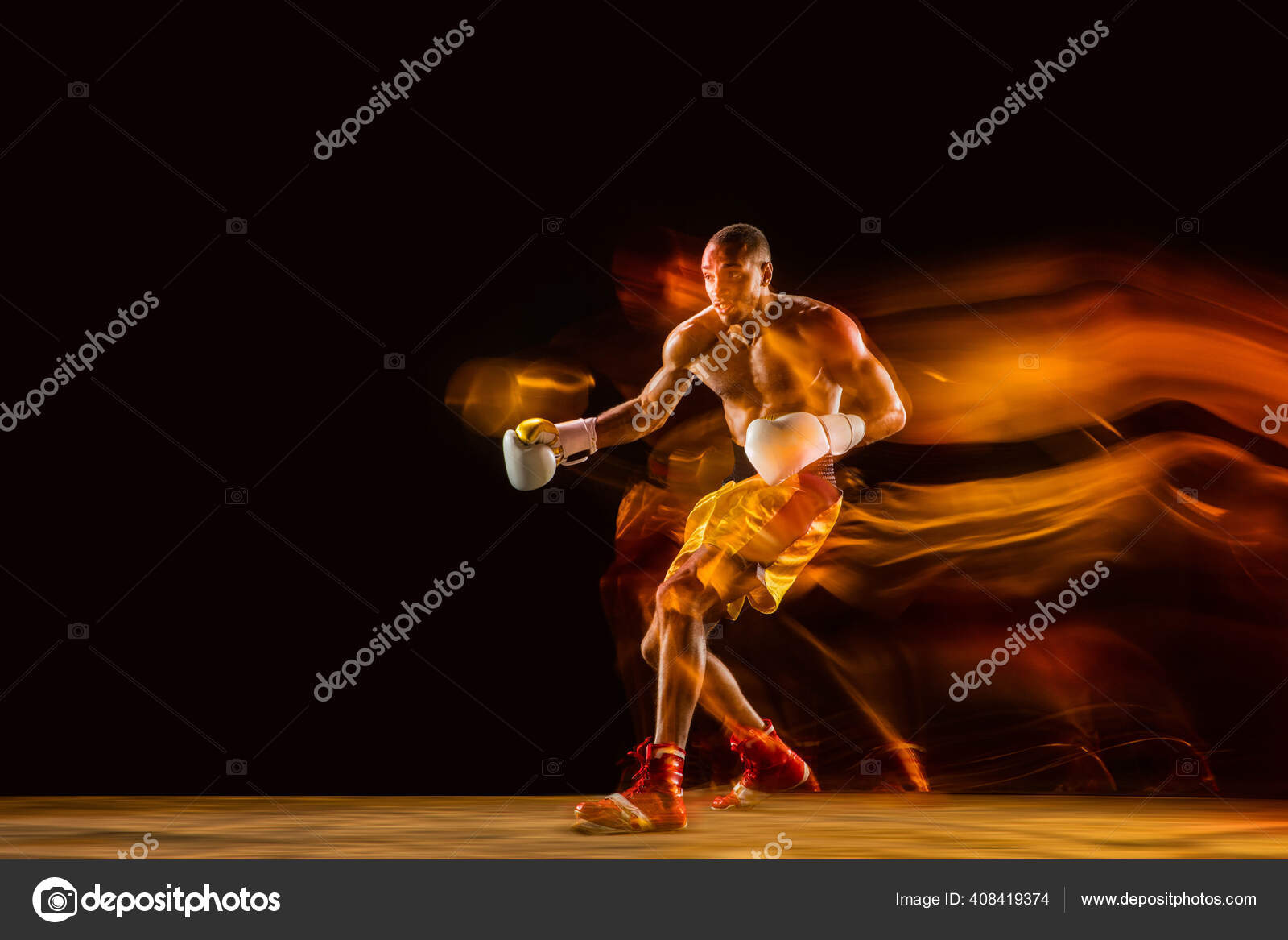 Professional boxer training isolated on black studio background in ...