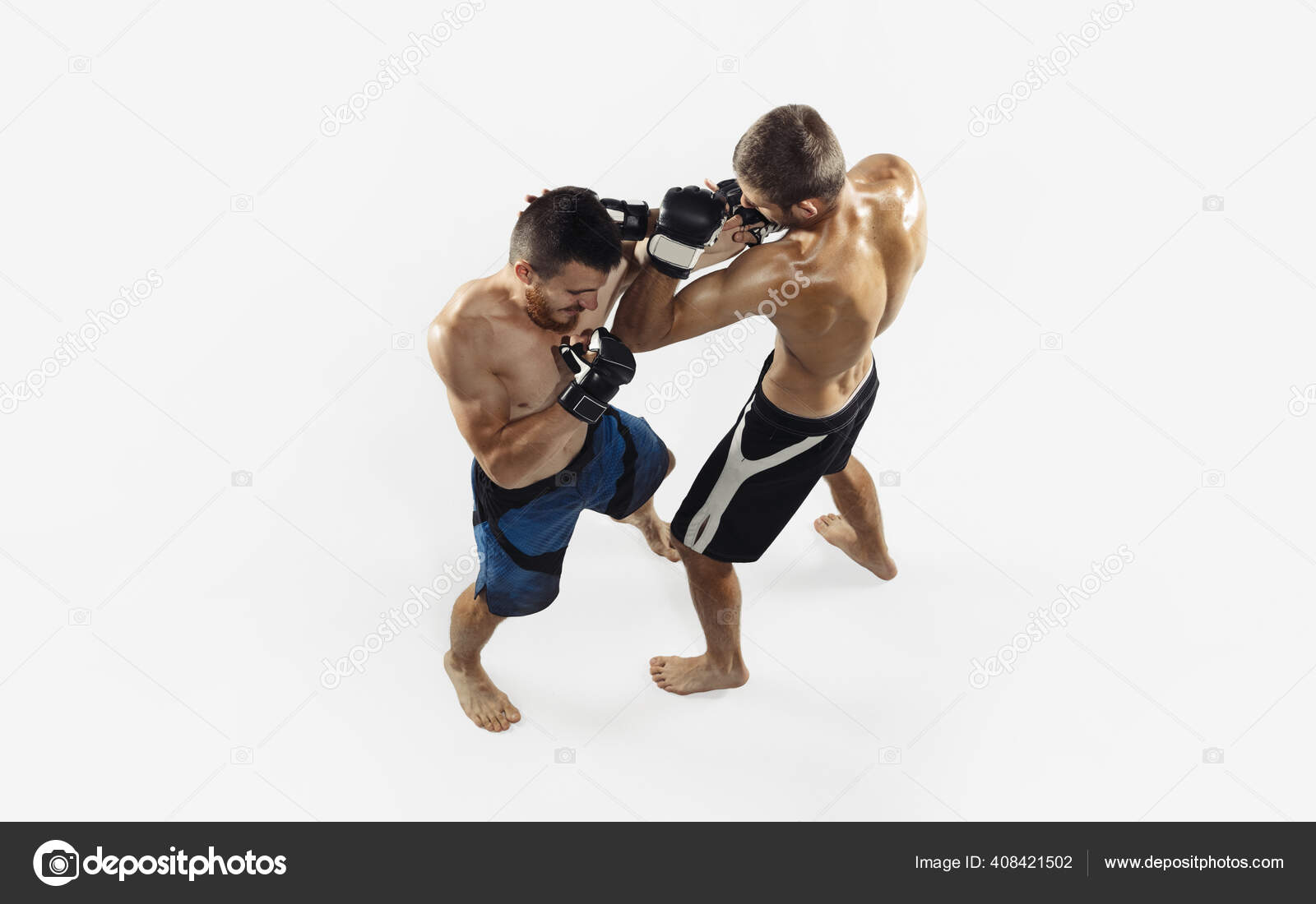 Two professional MMA fighters boxing isolated on white studio ...