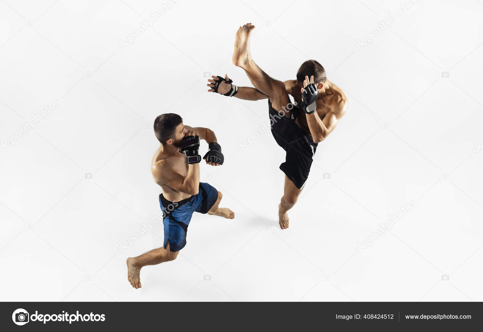 Two professional MMA fighters boxing isolated on white studio ...