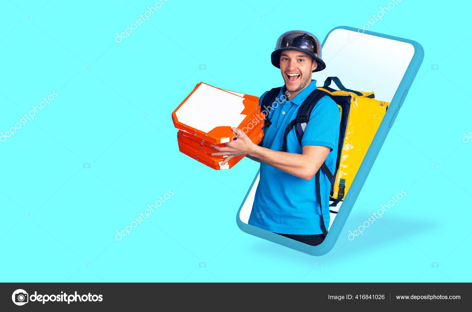 Handsome delivery man giving order right from smartphones screen, fast ...