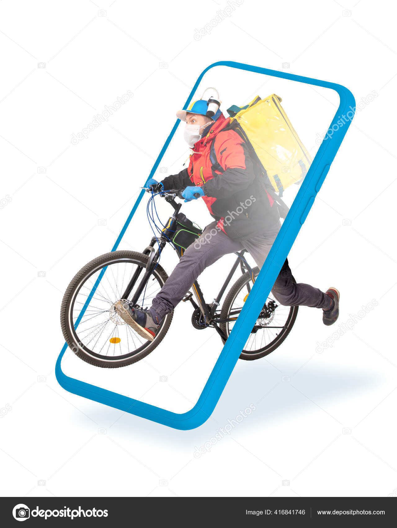 Handsome delivery man giving order right from smartphones screen, fast ...