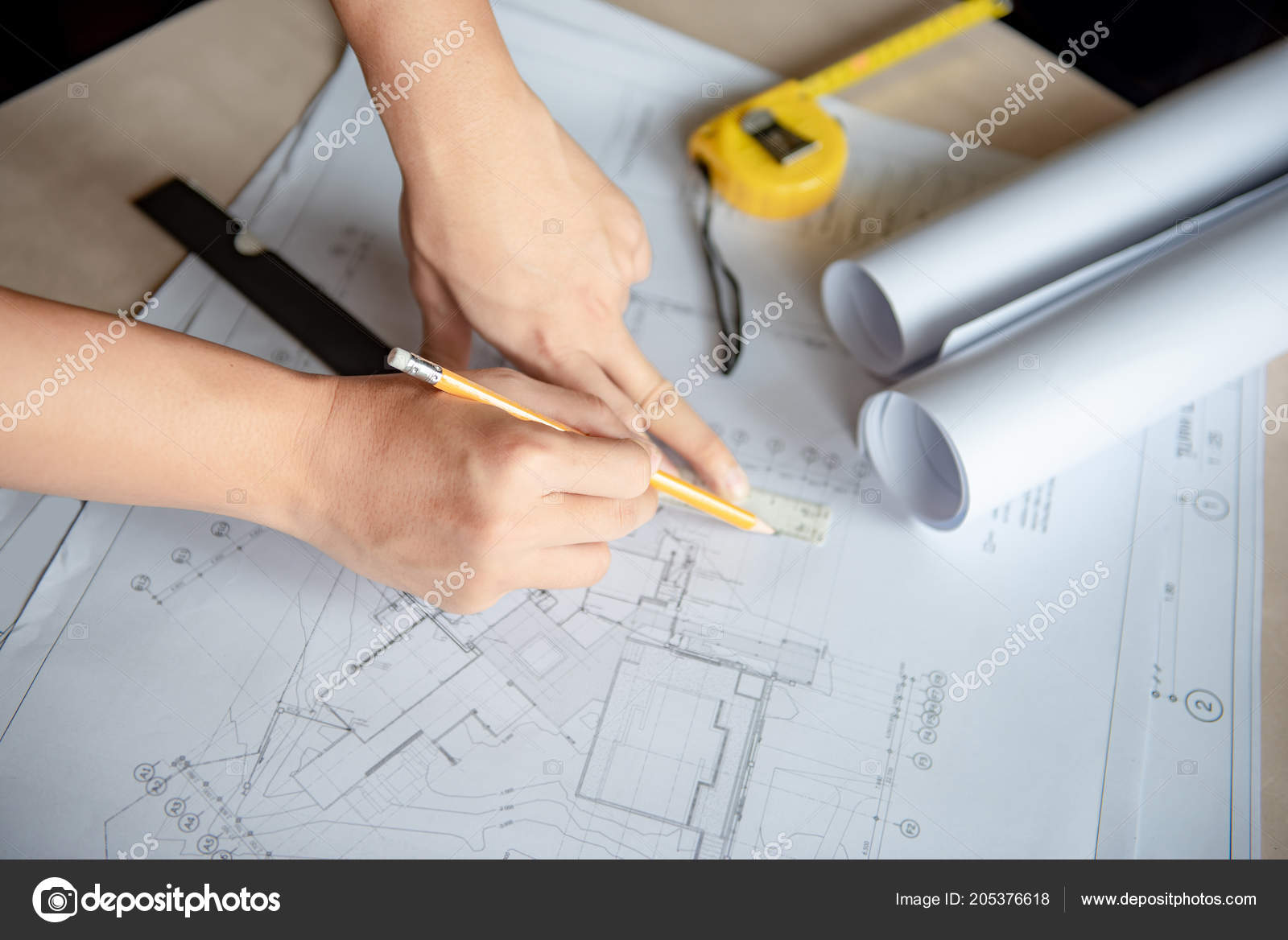 Architect Male Hands Sketching Architectural Drawing Plan Using Pencil ...