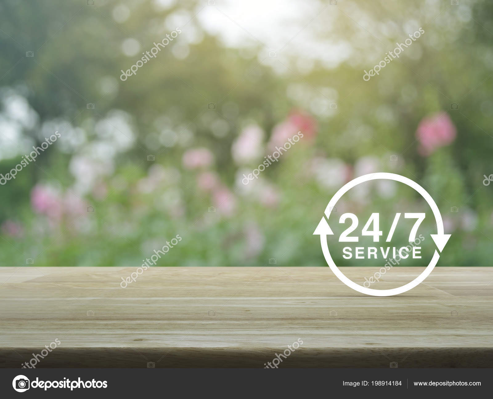 Hours Service Icon Wooden Table Blur Pink Flower Tree Full — Stock ...