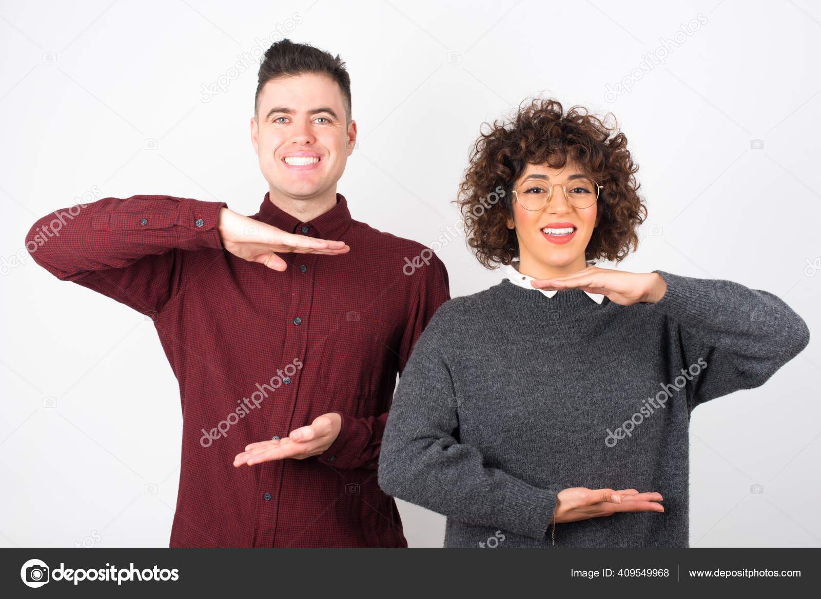 Couple Gesturing Hands Showing Big Large Size Sign Measure Symbol ...