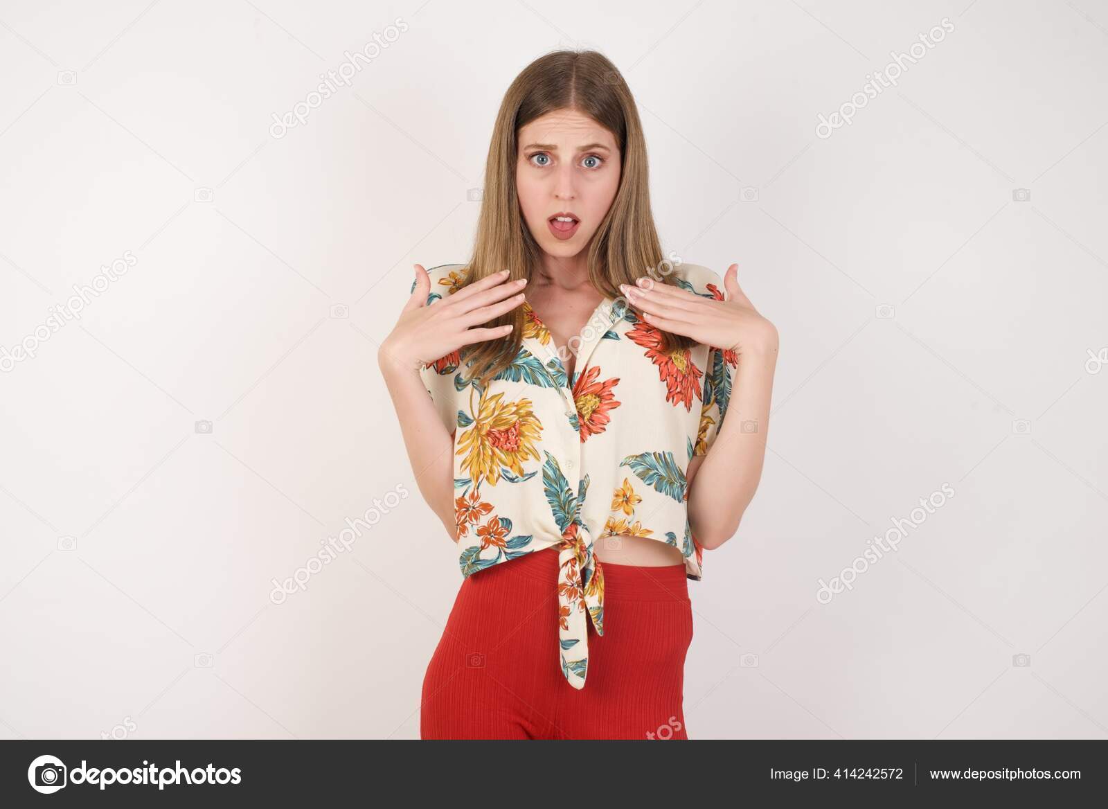 Shocked Scared Beautiful Young Woman Keeps Hands Chest Mouth Widely ...