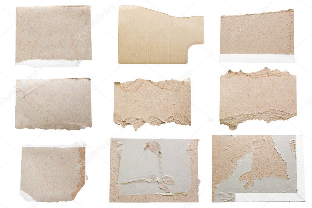 Set de papel marrón desgarrado sobre fondo blanco. rasgadura de la hoja ...