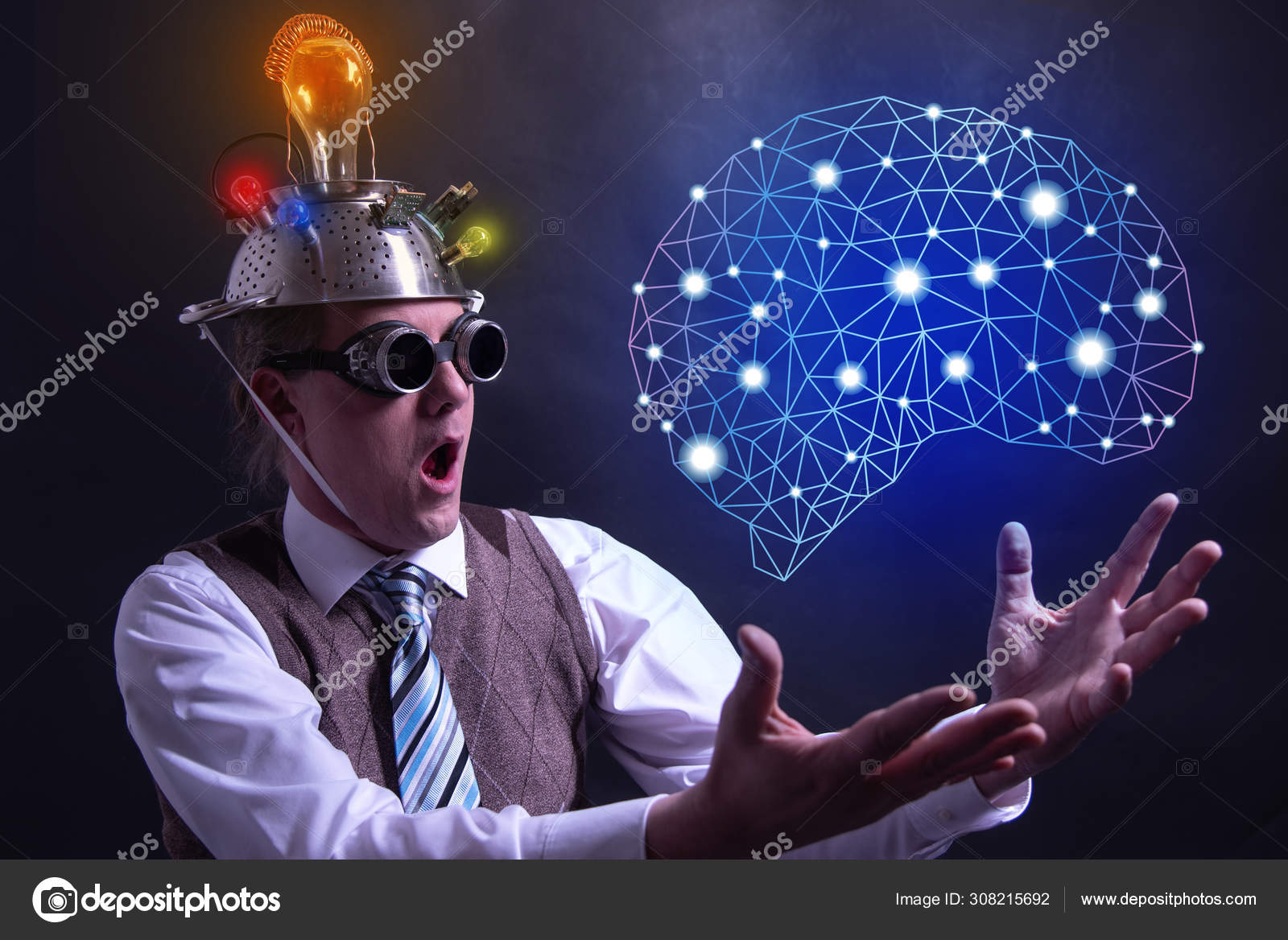 Nerd with tin foil hat presenting Artificial intelligence symbol Stock ...
