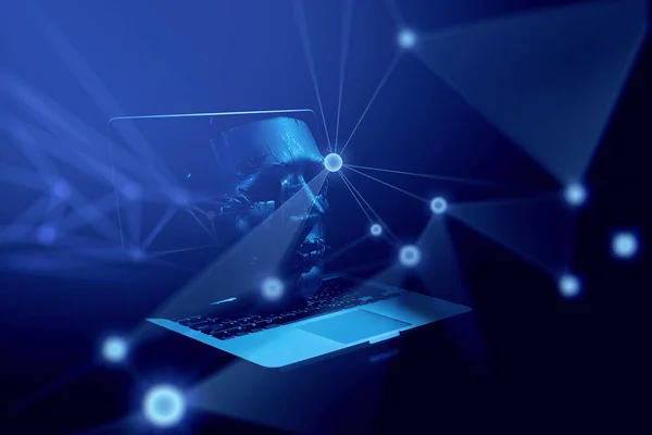 hacker devil mask with laptop notebook computer screen in internet ...