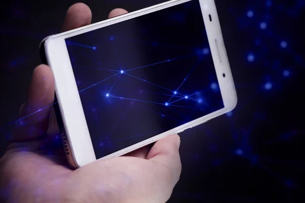 hand pick mobile smartphone technology network graphic hologram - Stock ...