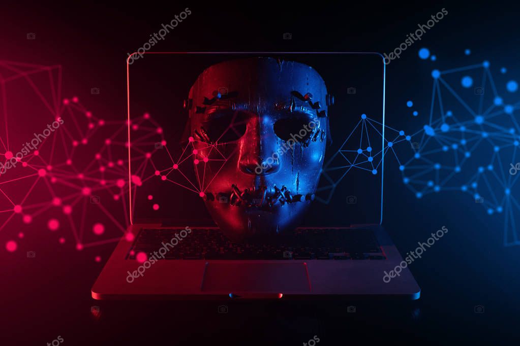 máscara del diablo con portátil de ordenador en concepto de red de ...