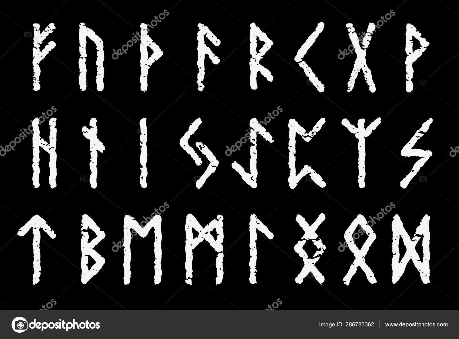 Scandinavian ancient runic alphabet set white color isolated on black ...