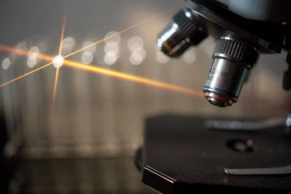 microscope and laboratory test tube , science research concept - Stock ...