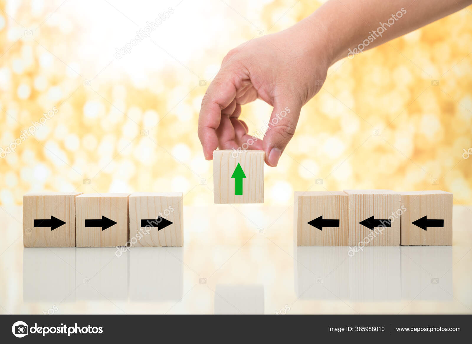 Man Hand Pick Green Arrow Wood Cube Rows Black Arrow Stock Photo by ...