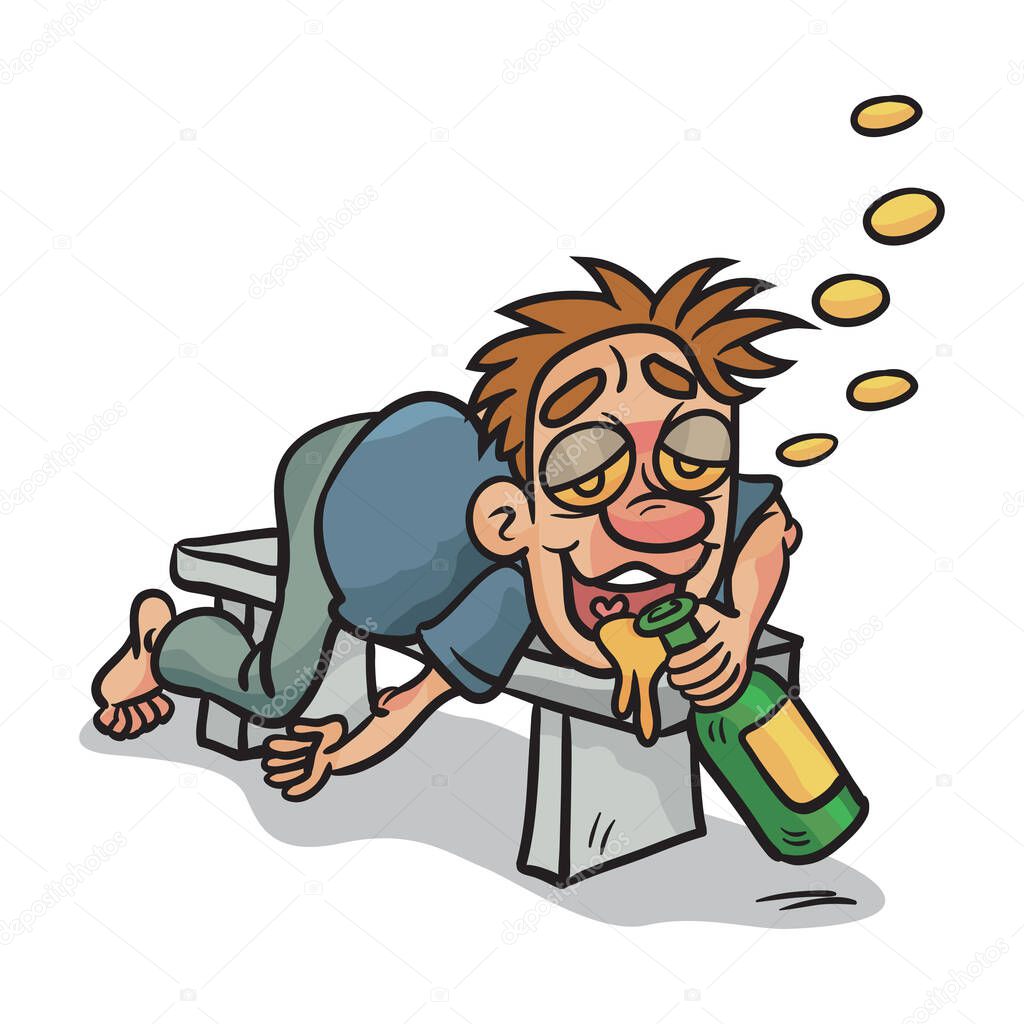 Un hombre borracho acostado en un banco, ilustración vector de dibujos ...
