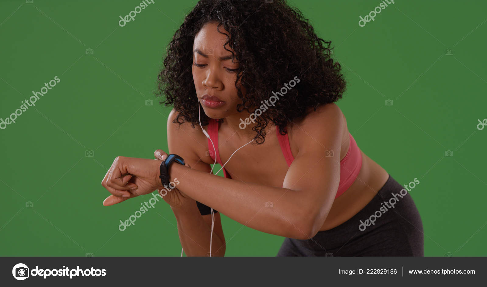 Athletic Black Female Runner Checking Timer Watch Green Screen Stock ...