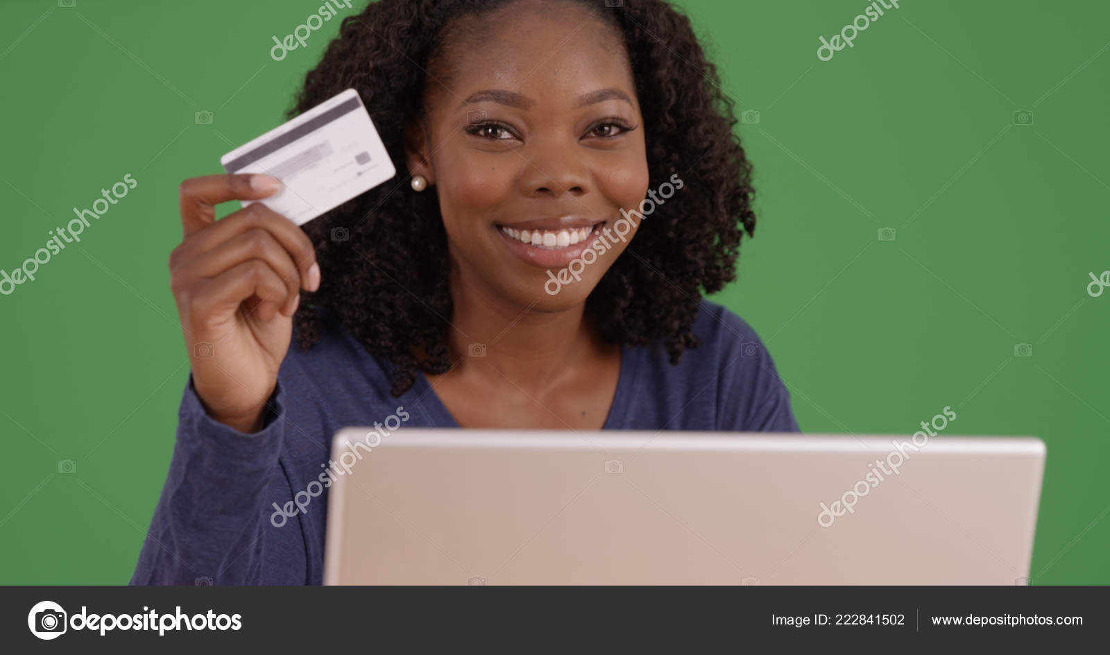 Black Female Credit Card Using Laptop Online Shopping Green Screen ...