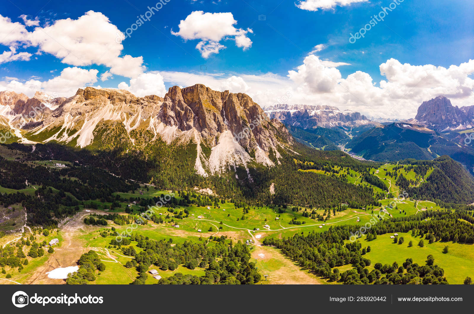 Aerial top view from drone to Col Raiser plateau In sunny summer Day ...