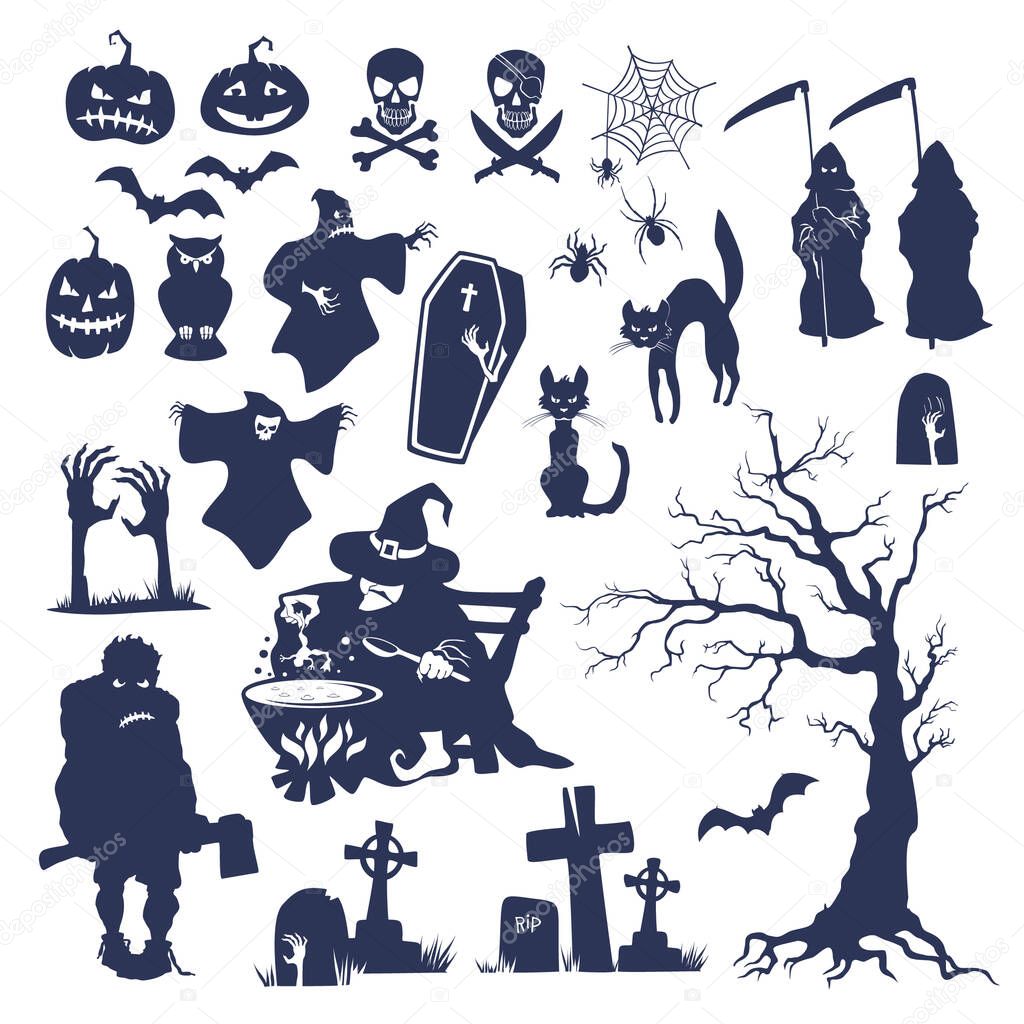 Juego de siluetas planas de Halloween dibujadas a mano. Los elementos para su dise o funcionan ...