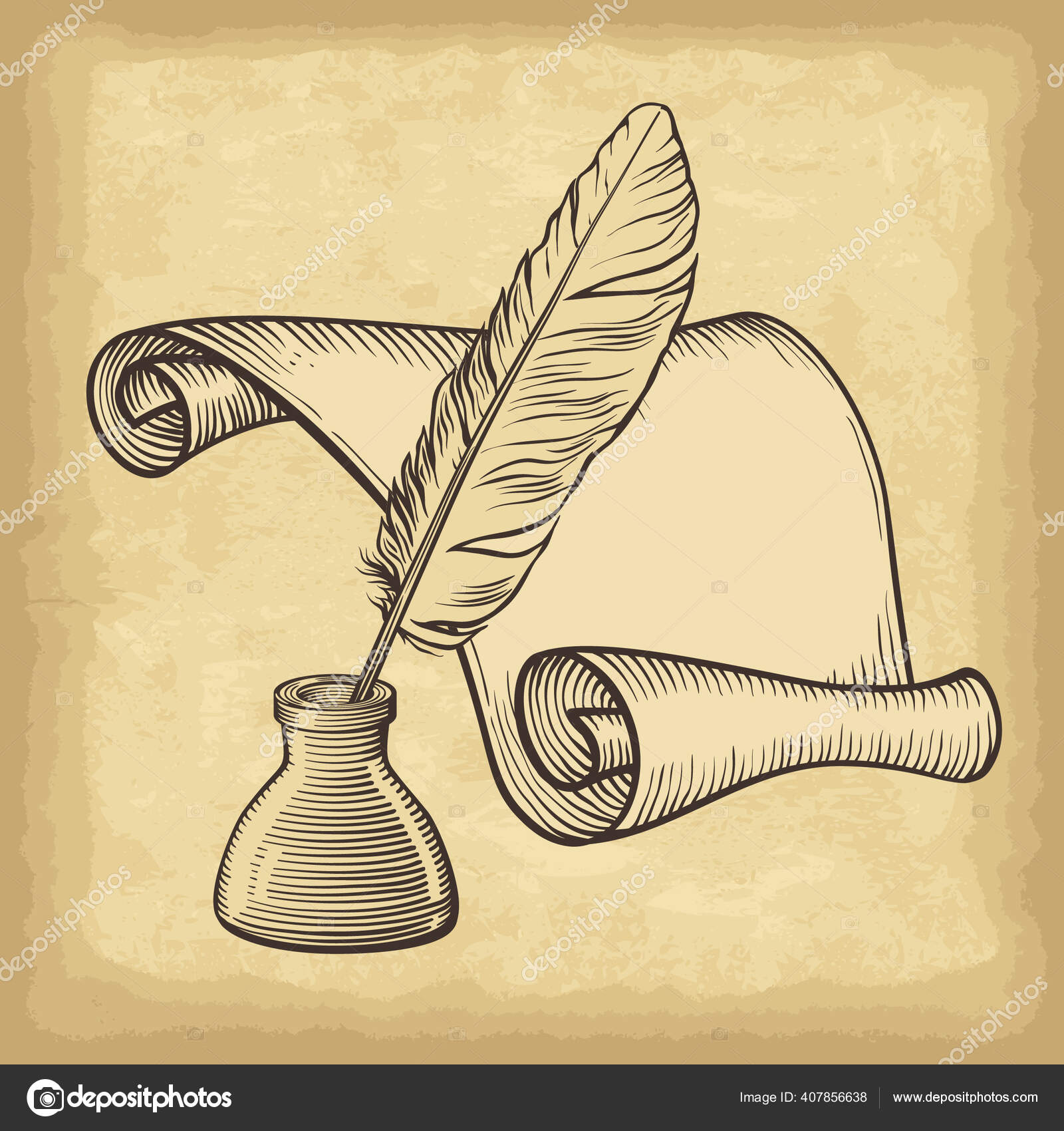 Pluma Y Papel Feather Pen, Bottle Of Ink, Notebook And Parchment