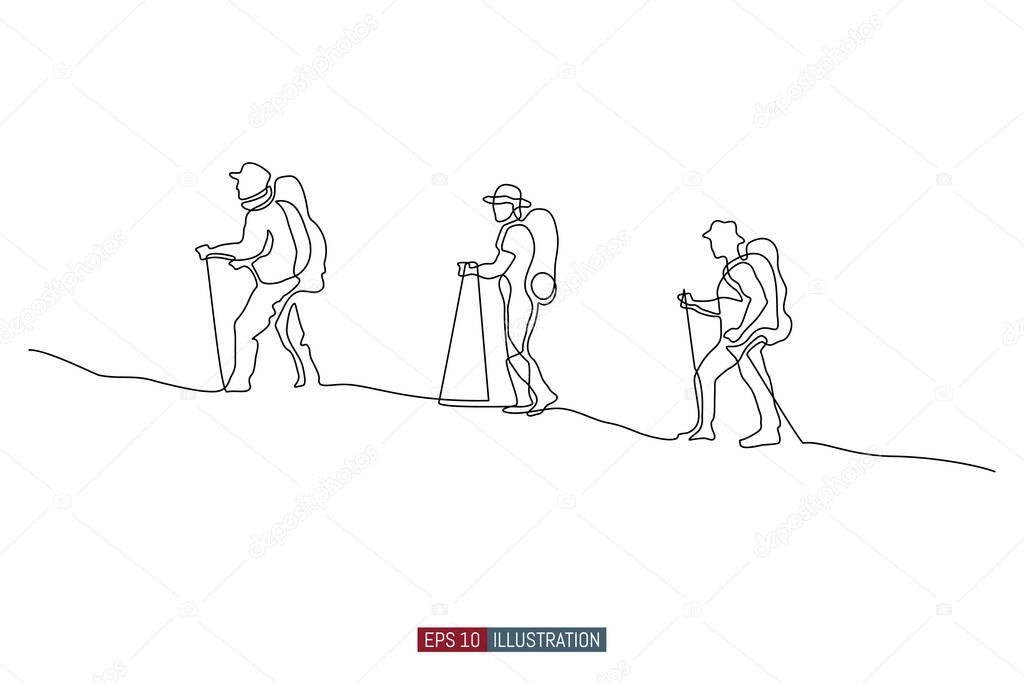 Dibujo en l nea continua de personas viajeras dibujadas a mano con siluetas de mochilas ...