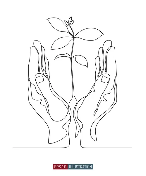 Continuous line drawing. Hands palms together with growth plant doodle handdrawing style Stock ...