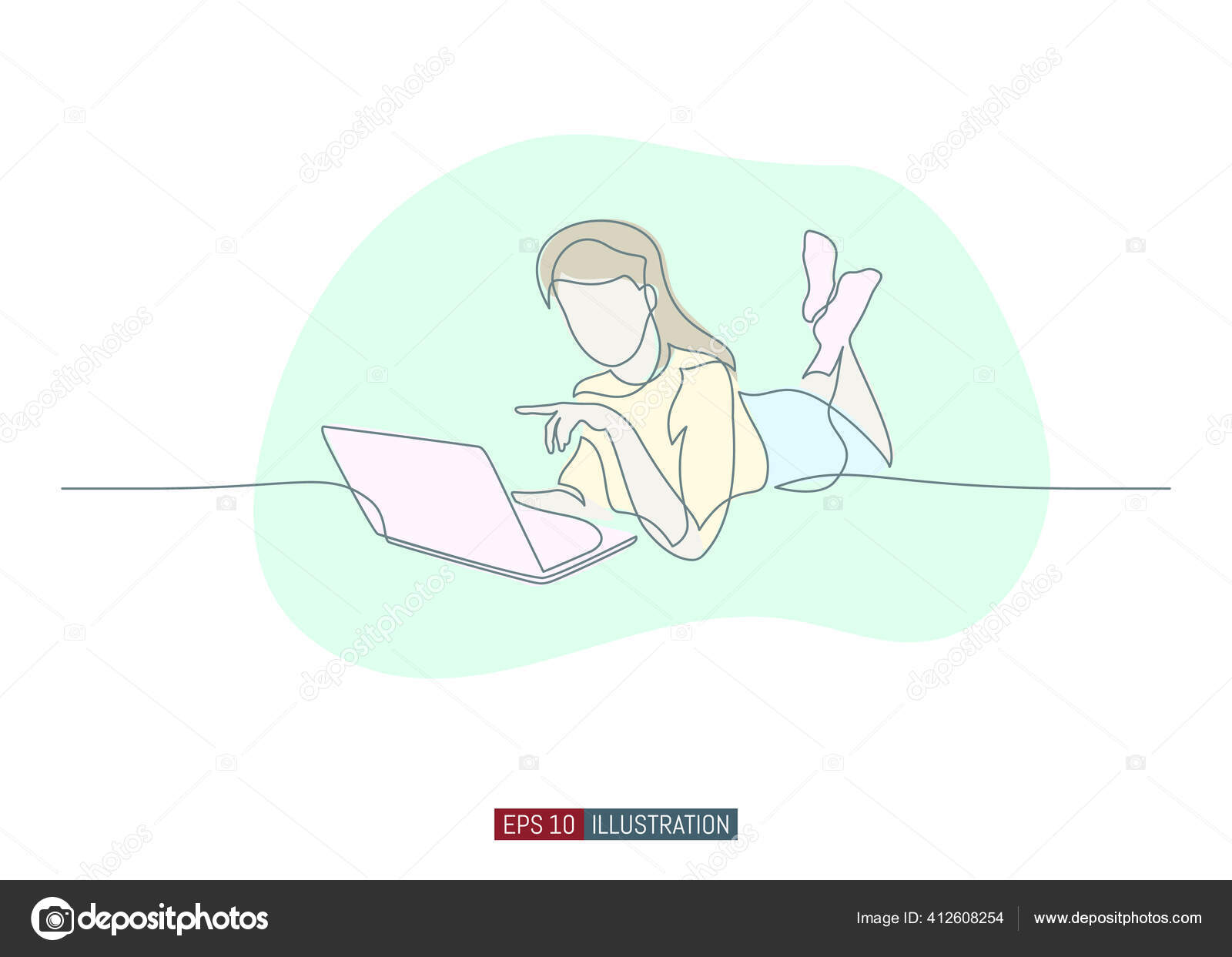 Continuous Line Drawing Girl Lying Laptop Template Your Design Works ...