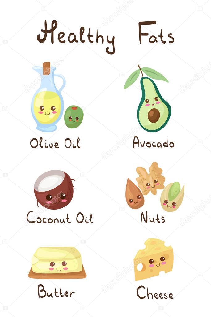 Infografía de grasas saludables con caracteres vectoriales kawaii ...