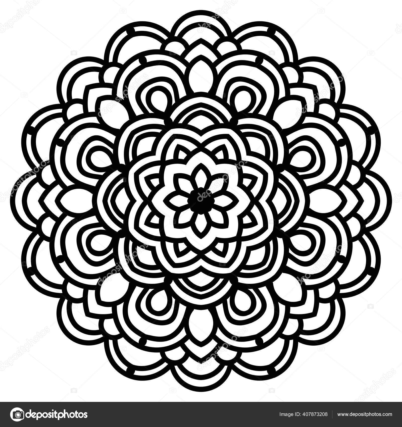Black Outline Flower Close Tribal Mandala Vintage Hand Drawn Decorative ...