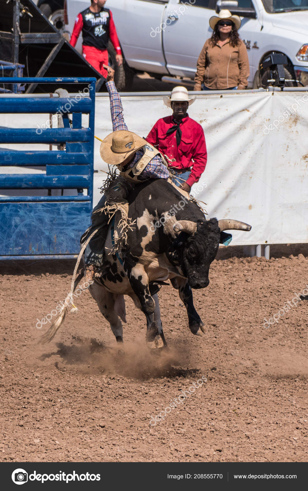 Cowboy Leans Forward Bull Jumps Rid Himself Rider Bull Riding — Stock ...