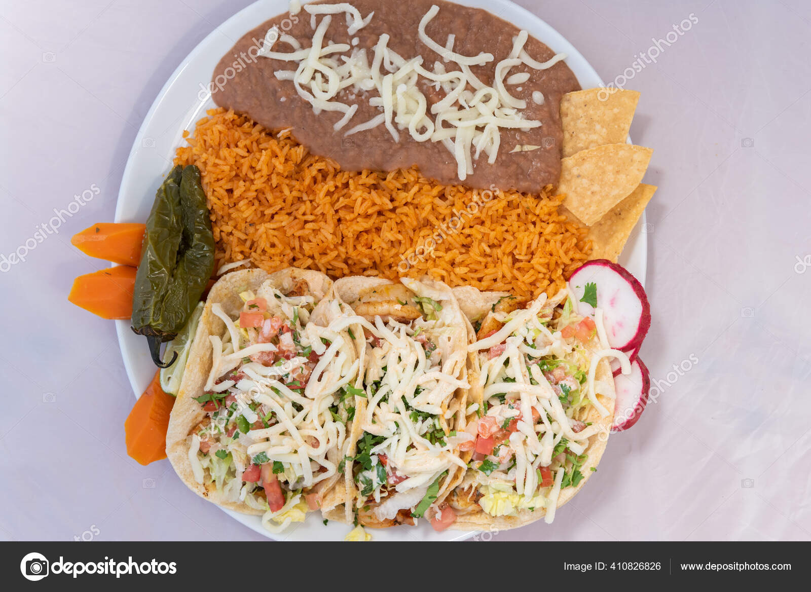 Vista Aérea Tres Tacos Camarón Cargados Extras Con Arroz Frijoles ...