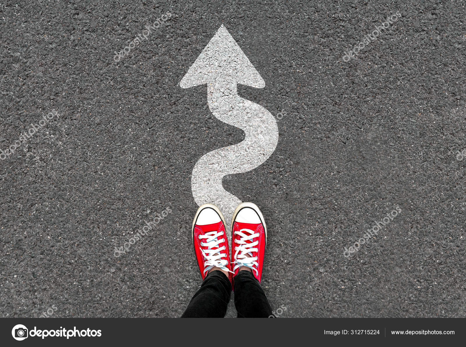 Feet White Arrow Sign Straight Road Background Top View Woman Stock ...