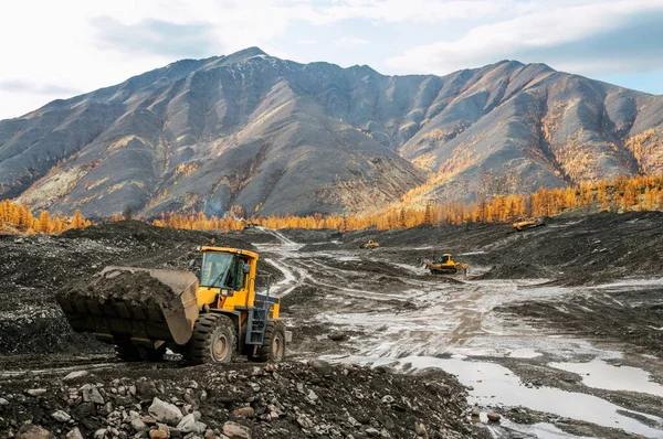 Mining of natural gold in a mountainous forest area. Bulldozers in the ...