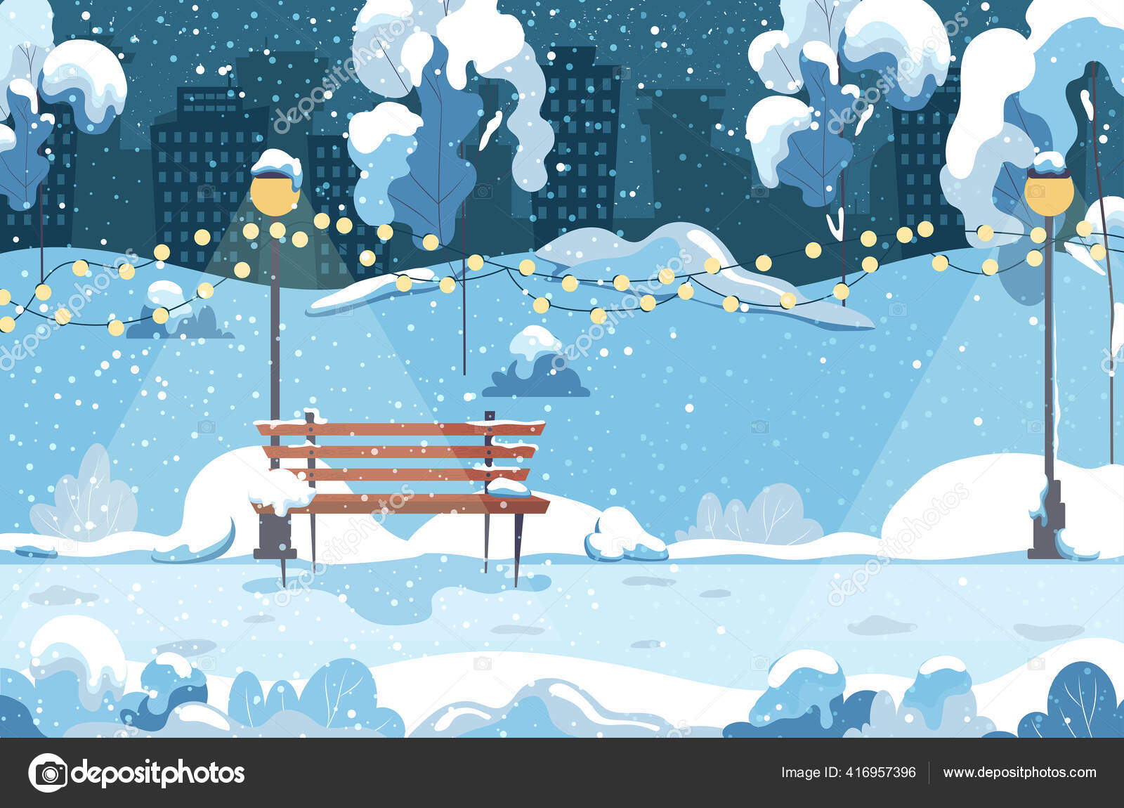 Winter Park Bench Trees Lanterns Garland Night City Landscape Cartoon ...