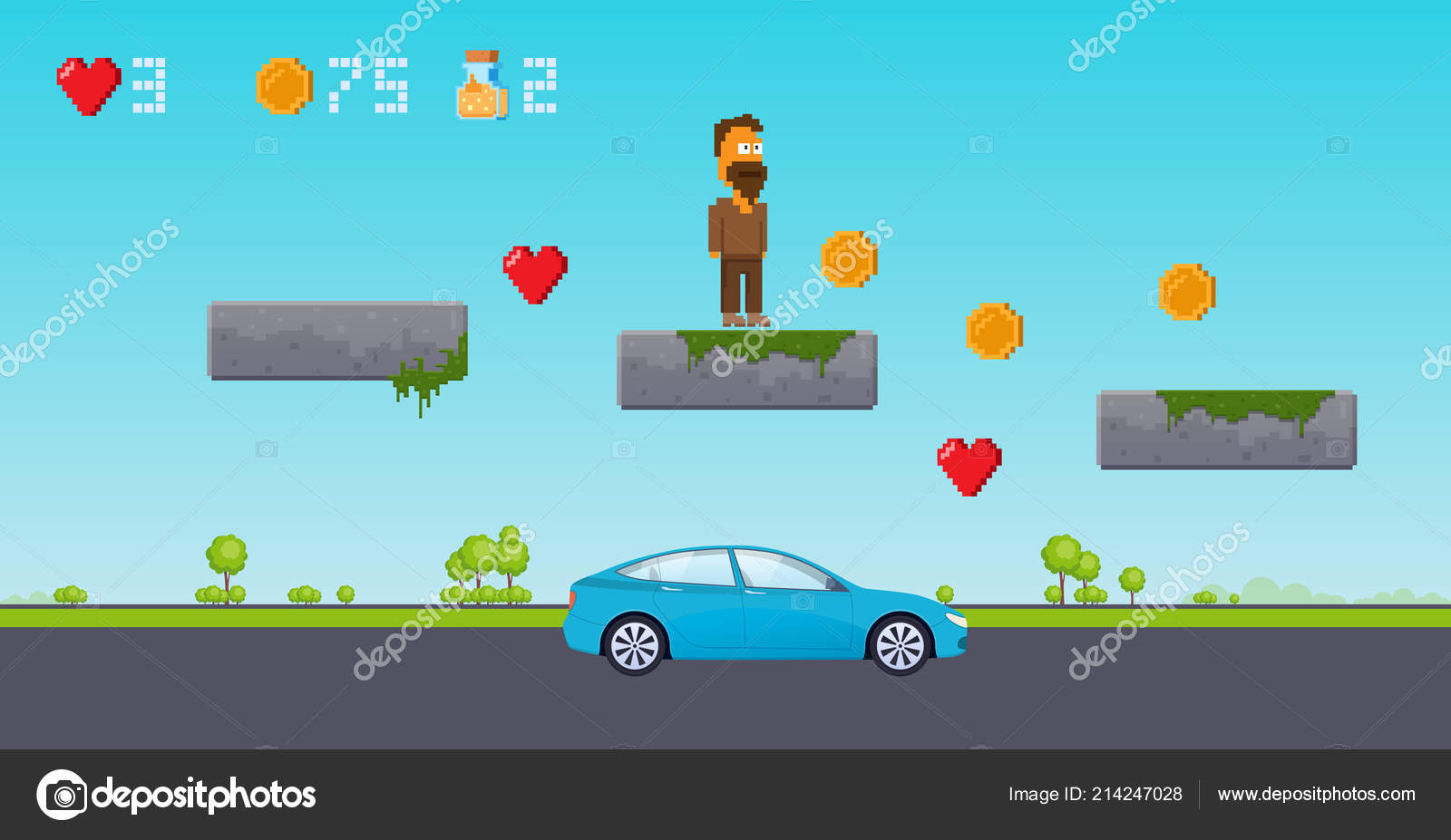 Interface 8 bit game, pixel art platformer. Level in urban street ...