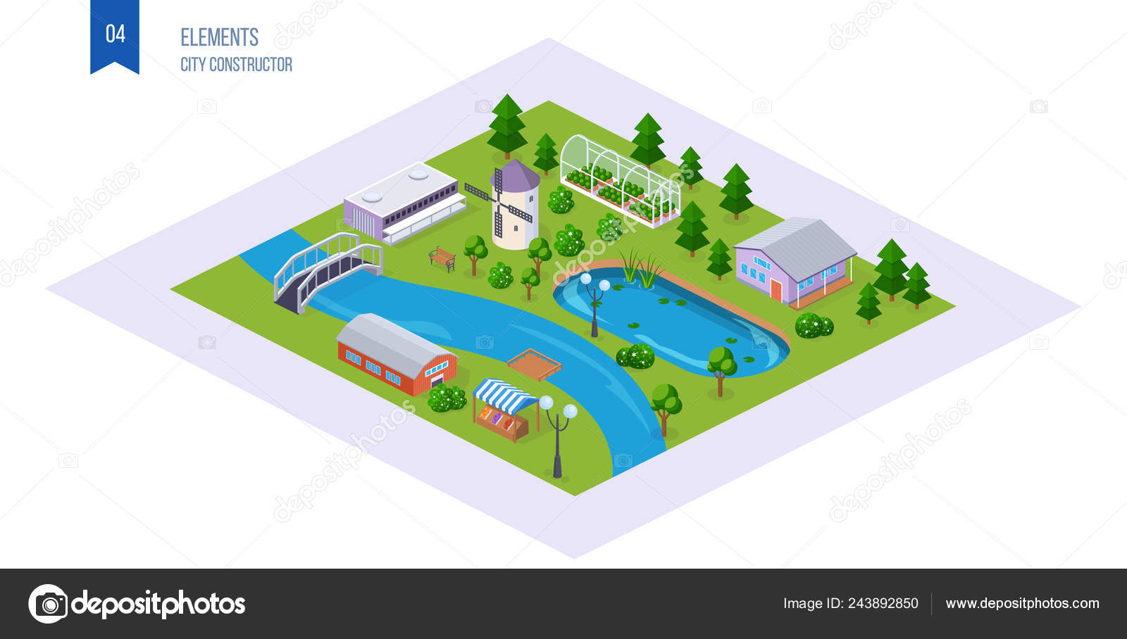 Realistic 3D isometric of country cottage area, with buildings. Stock ...