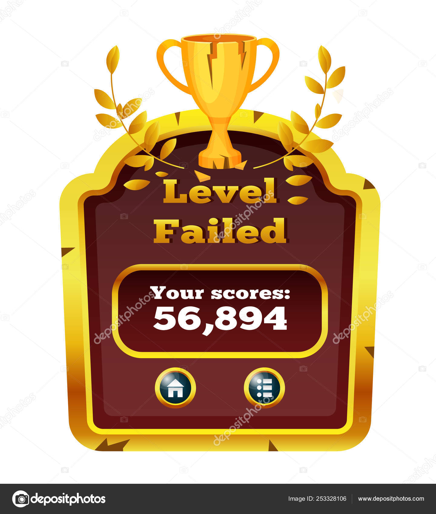 Game pop-up window, panel with buttons. Losing, level failed. Stock ...