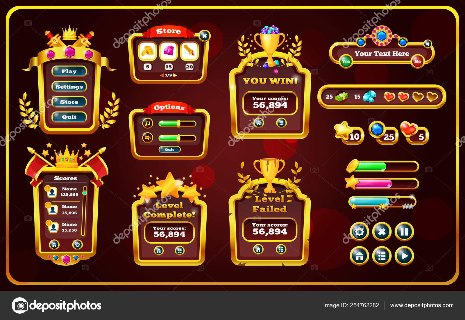 Game pop-up window with main menus, panel with buttons. Stock Vector Image by ©ideyweb #254762282